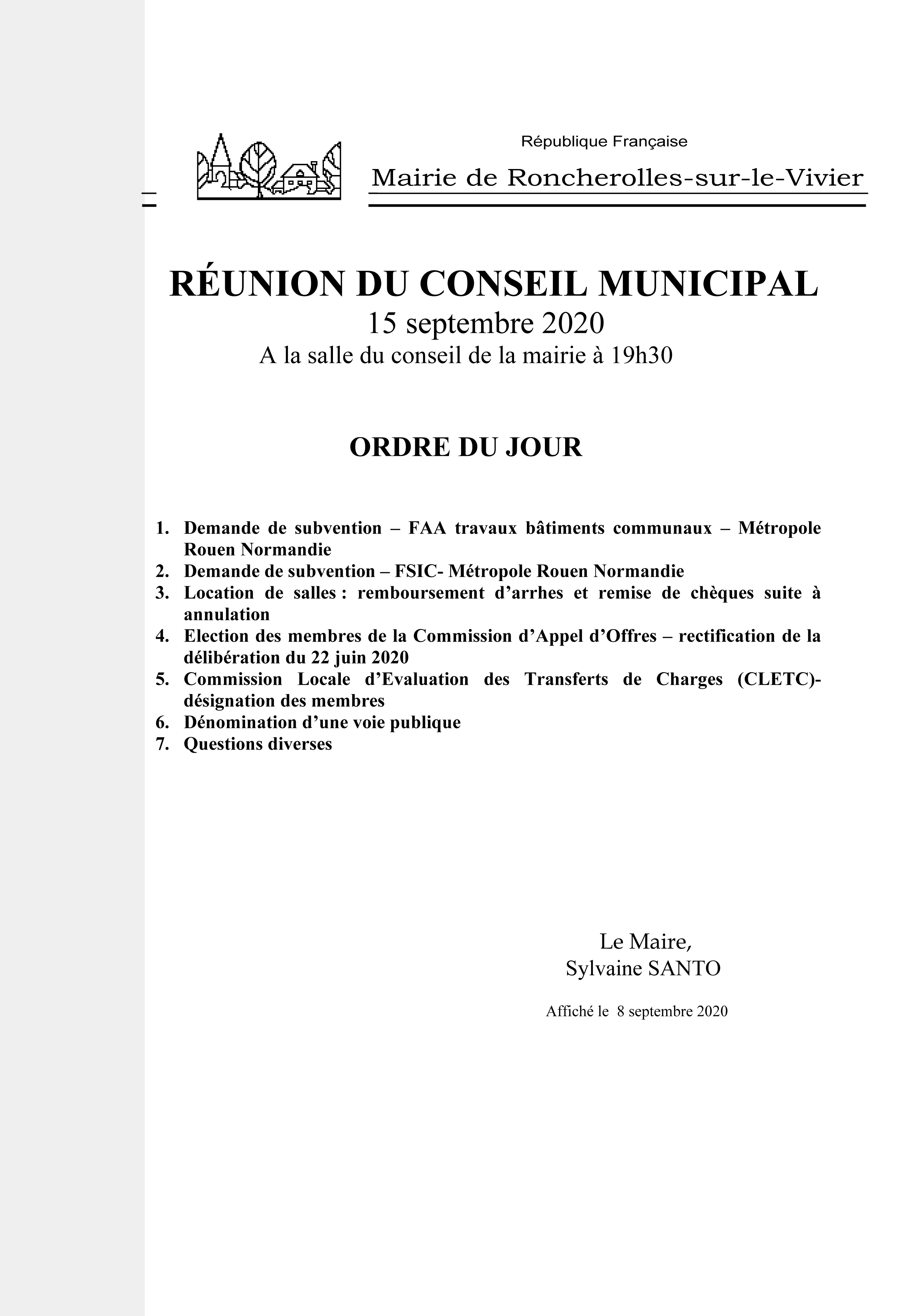 Ordre du jour du Conseil municipal du 15 septembre 2020 | La commune de Roncherolles-sur-le-Vivier